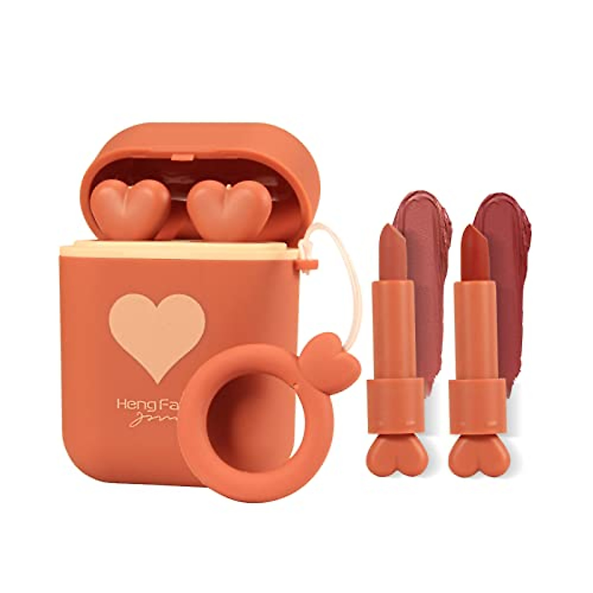 LAMUSELAND Matte Lipstick, 2Pc/Set Waterproof Long Lasting Moisturizing Lip Stain Earphone Dual-color Lip Gloss Primer, Non-stick Cup Lip Make Up Gift Kit for Girls (Red)