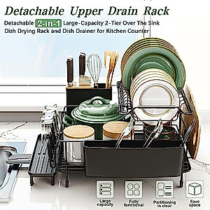 Runnatal Large Dish Drying Rack with Drainboard Set, Detachable 2-in-1 Large-Capacity 2-Tier Over The Sink Dish Drying Rack and Dish Drainer for Kitchen Counter