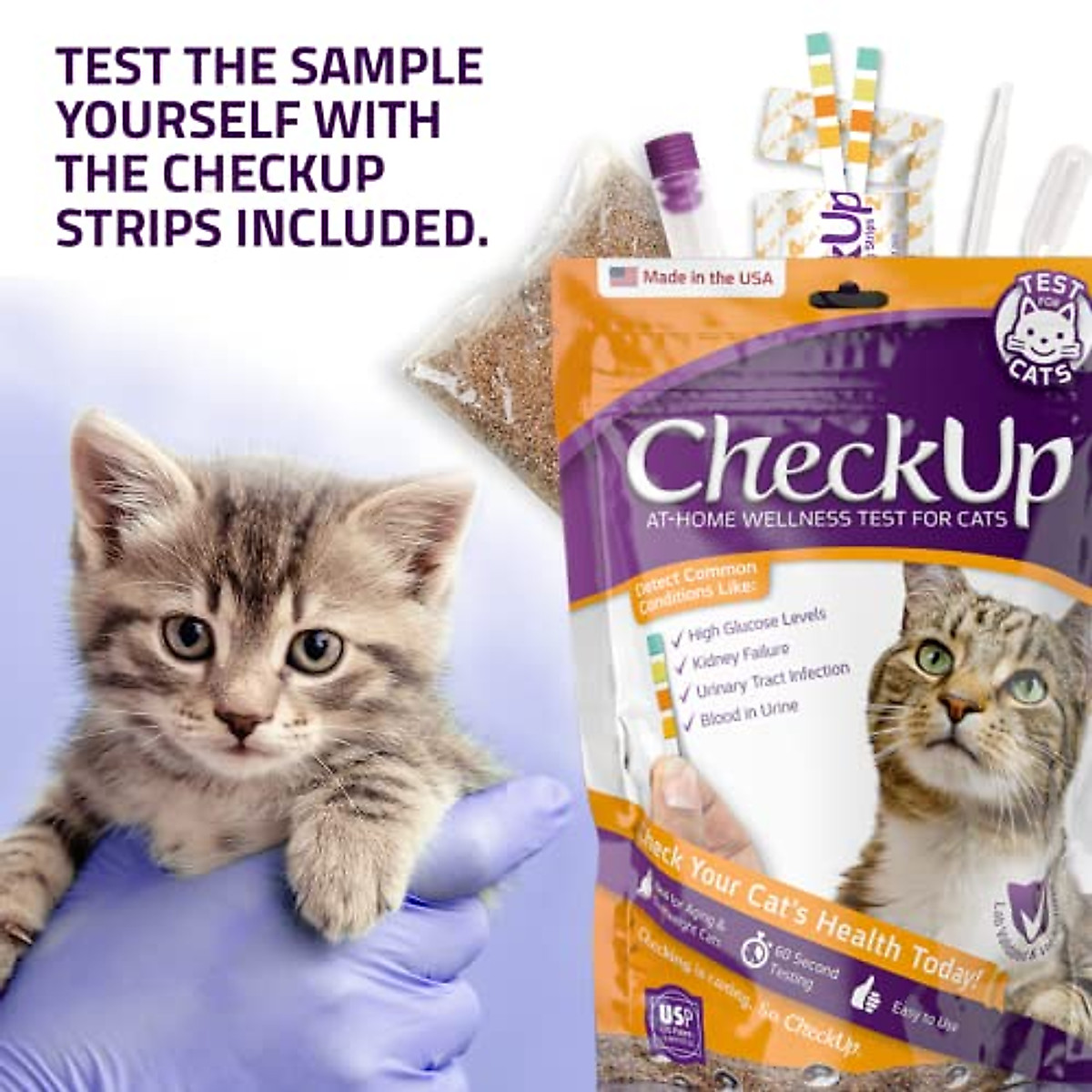 KIT4CAT CheckUp Kit at Home Wellness Test for Cats, Hydrophobic Litter for Urine Collection & Test Strips for Detection of Levels of Glucose, Protein, pH and Blood in Urine