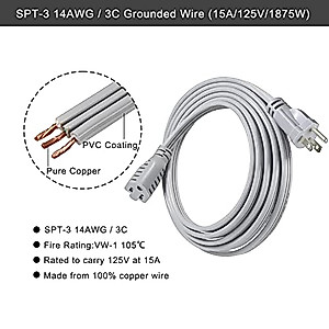 KUNCAN Appliance Power Extension Cord - Heavy Duty 14/3 AWG Parallel 3 Prong Low Profile Flat Cable US Plug Male to Female Extender Grounded Wire for AC Unit, Air Conditioner, Refrigerator (9 ft)