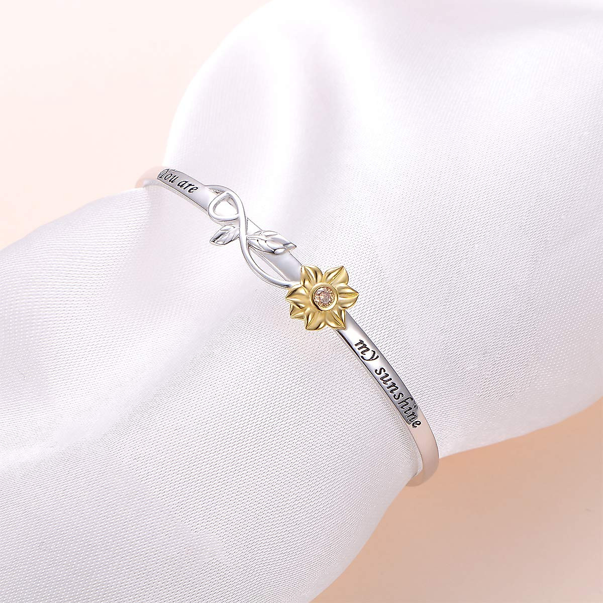 S925 Sterling Silver Sunflower with CZ Engraved You Are My Sunshine Bangle for Women 18" (Bangle)