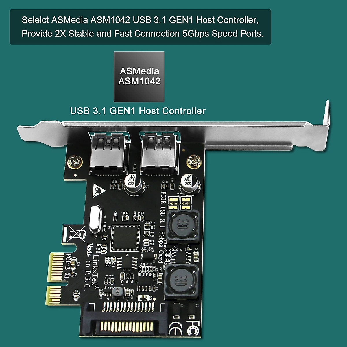 LinksTek 2-Ports PCIE USB 3.0 (USB 3.1 GEN1) 5Gbps Expansion Card for Desktop PCs, 2X 5Gbps USB-A Ports, Built in Smart Power Distribution Technology, No Need Extra Power Supply (PCIE-U302A)