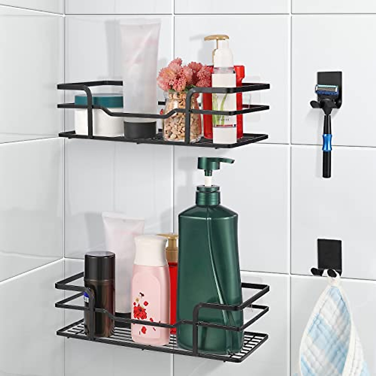 Shower Caddy Adhesive Basket Shelf Drill-Free Kitchen or Bathroom Organizer - Black Basket Shelves Hooks for Washroom Accessories Adhesive Stainless Steel Shampoo Holder, Kitchen Shelf Rack 2 Pck