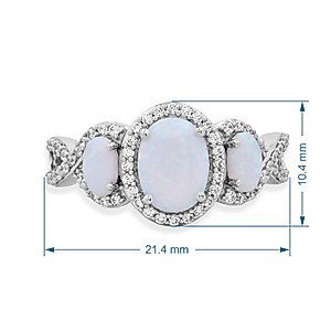 Jewelili Sterling Silver 8X6 MM and 5X3 MM Oval Created Opal and Round Created White Sapphire 3-Stone Engagement Ring, Size 8