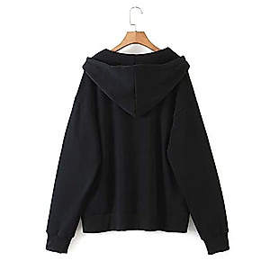 Meladyan Women Oversized Solid Zip Up Hoodie Drawstring Hooded Long Sleeve Fleece Vintage Sweatshirts Jackets Pockets 90s Black