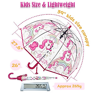 Wxjiahetai Kids Clear Bubble Umbrella Transparent Dome See Through Child Umbrellas for Rain Boys Girls with Pinch-Proof Closure and Easy-Grip Hook Handle(Clear Red Unicorn)