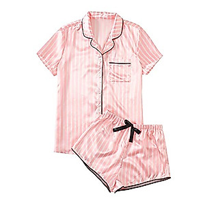 WDIRARA Women's Satin Sleepwear Short Sleeve Button Shirt and Shorts Pajama Set Silky PJ Striped Pink S