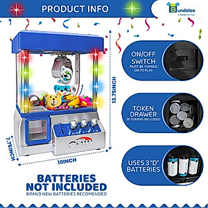 Bundaloo Claw Machine Arcade Game - Electronic Mini Candy and Toy Grabber Dispenser for Kids - with Lights Sound & 4 Mini Plush Animals (Blue)