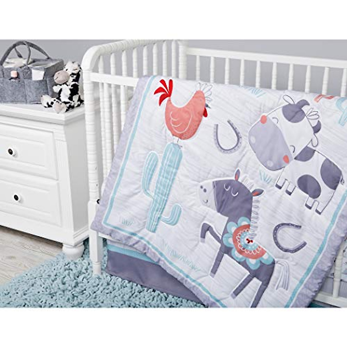 Sammy & Lou Farmstead Friends 4-Piece Baby Crib Bedding Set, Includes Quilt, Fitted Crib Sheets Neutral, Crib Skirt, and Plush Toy
