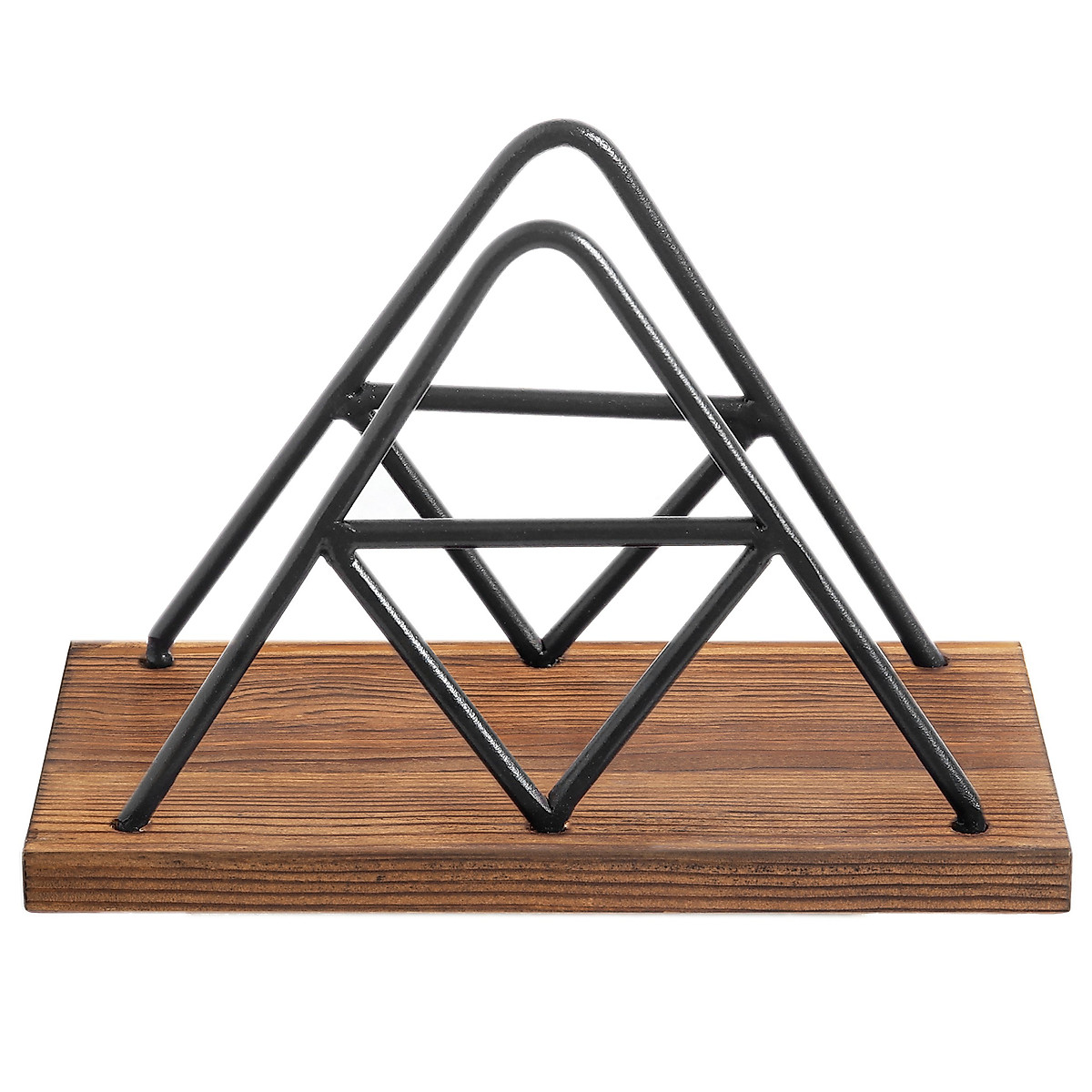 MyGift Matte Black Metal Wire Triangle Napkin Holder with Rustic Burnt Solid Wood Base, Tabletop Geometric Serviette Dispenser Rack - Holds up to 100 Paper Napkins