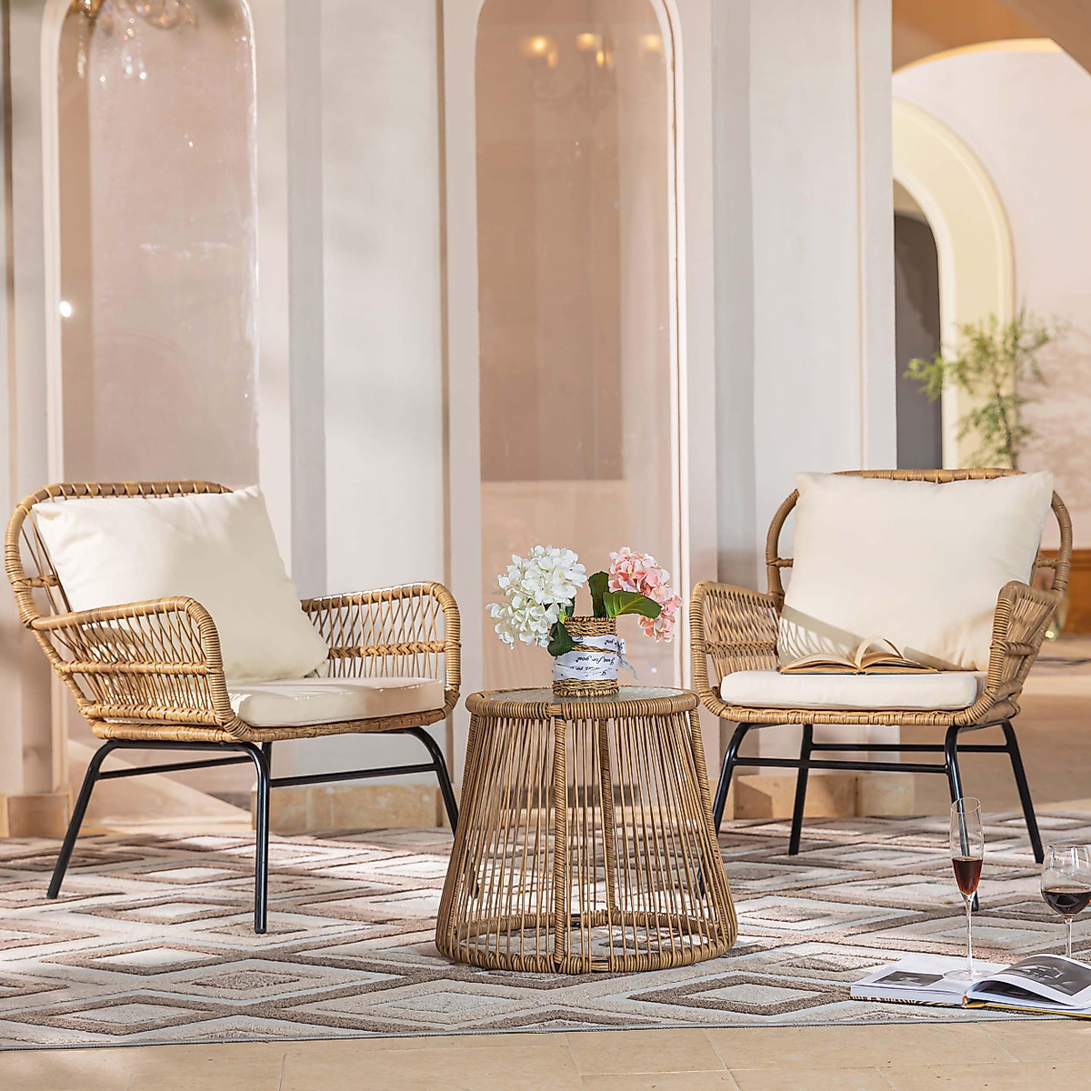 NICESOUL® 3 Pcs Boho Outdoor Small Patio Furniture Chair Set with Beige Cushion and Round Glass Table Side Table Natural Color Wicker Conversation Chair Set Bistro Set for Garden Balcony Deck Porch