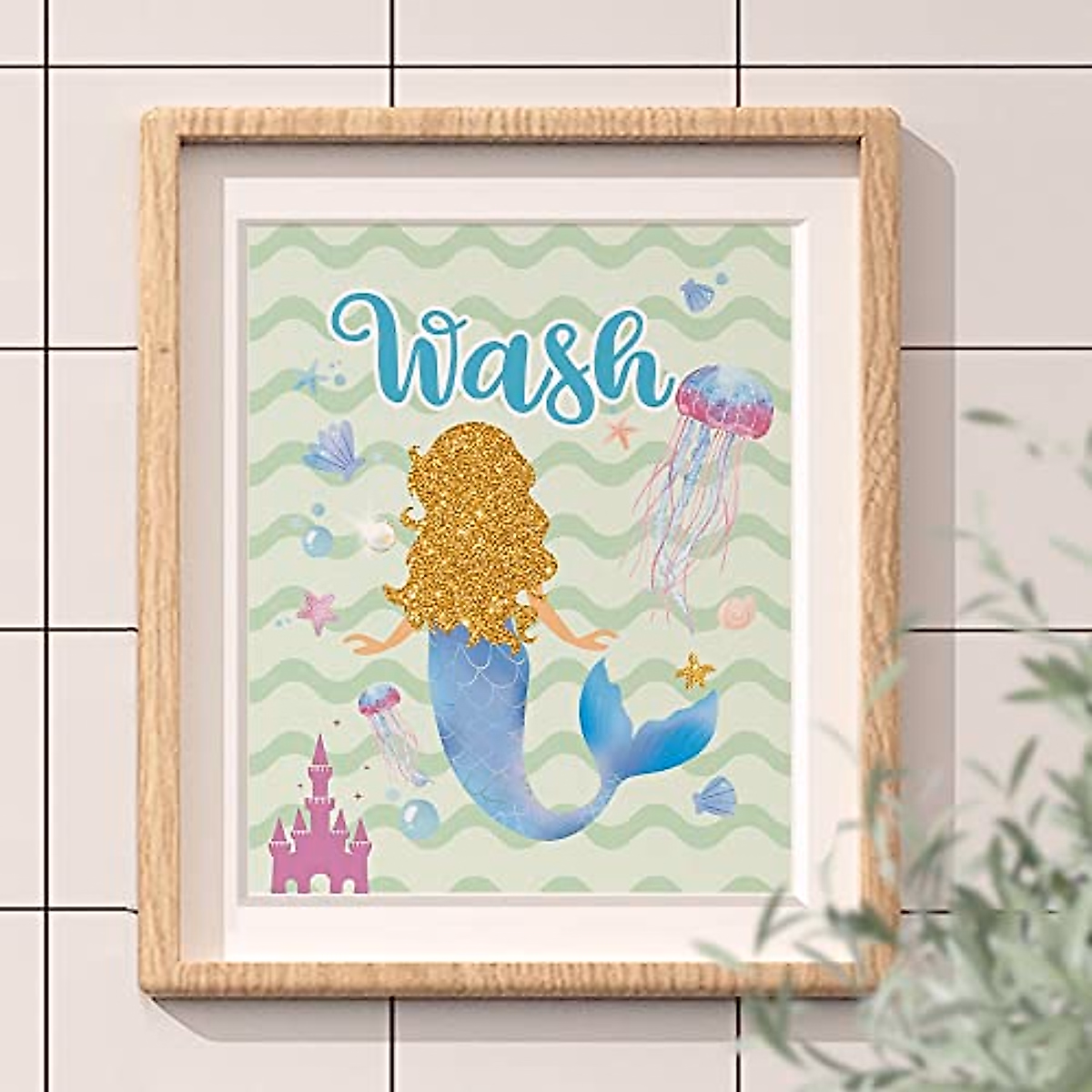 FALJIOK Mermaid Decor, Mermaid Bathroom Wall Art Decors, Ocean Wash Brush Floss Flush Kids Girls Bathroom Under the Sea Rules Wall Signs, Set of 4(8”X10”) Unframed