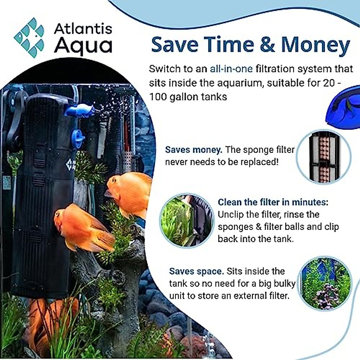 Atlantis Aqua™ Internal Filter for Aquarium | Fish Tank Filter | Fish Tank Filter 20 Gallon - 100 Gal, Crystal Clear Water & Healthy Fish Guaranteed | Submersible Aquarium Filter, Filter for Fish Tank