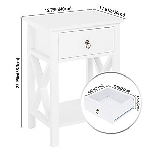 Bonnlo White Nightstand with Drawer and Shelf, Farmhouse Night Stands for Bedrooms Set of 2, End Table Bed Side Table/Night Stand with Rustic Handle for Small Spaces, Dorm, Kids’ Room, Living Room