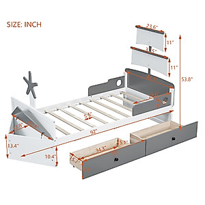 Merax Kids Cute Boat-Shaped Platform Beds Frame with Drawers, Wood Low Daybed with Ottoman for Boys,Girls, No Box Spring Need (Twin, White+Gray)