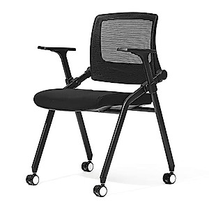 FYLICA Foldable Office Chair Set of 2 with PU Wheels and Sliding Armrest-Ergonomic Mesh Bouncing Back, Stackable Conference Room Chair, Office Guest & Reception & Meeting Chair (Black)