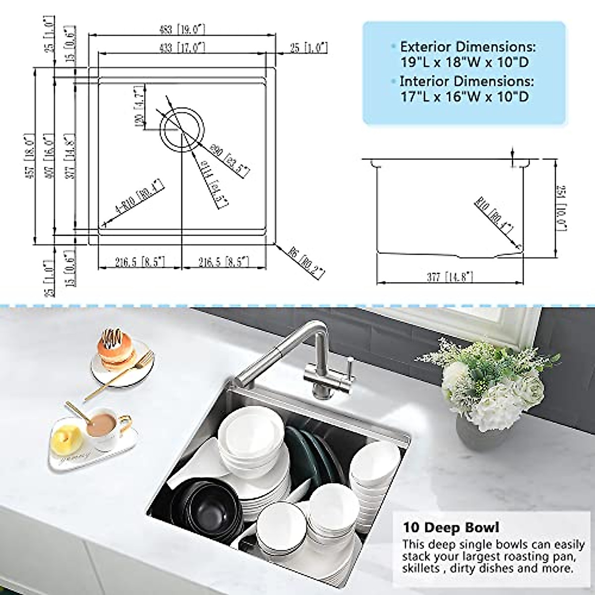 19 Inch Stainless Steel Undermount Bar Sink-VASOYO 19x18 Wet Bar Sink Undermount Kitchen Sink Workstation Outdoor Rv Sink 16 Gauge Stainless Steel Small Single Bowl Undermount Sink with Cutting Board