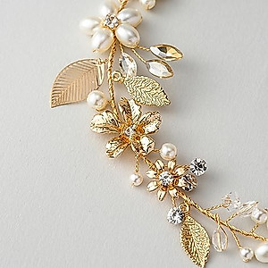 SWEETV Flower Girl Headpiece Pearl Gold Wedding Hair Accessories for Girls Flowers Headband Tiara for Birthday,party