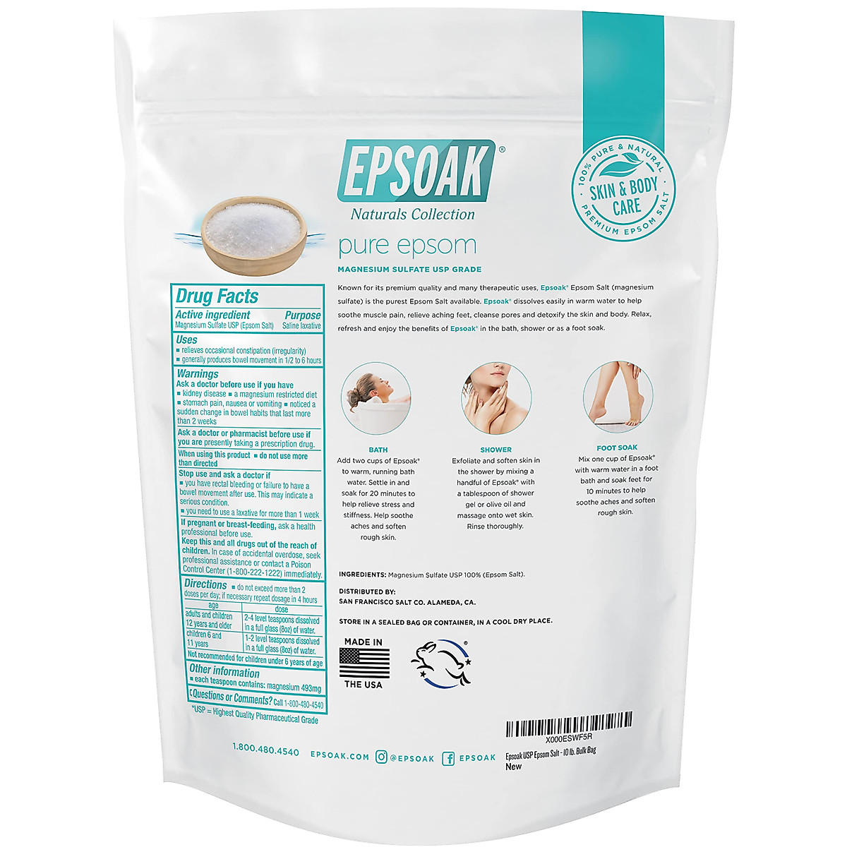 Epsoak Epsom Salt 10 lb. Magnesium Sulfate USP. (Qty. 1 x 10lb. Bags) Resealable Epsom Salt Bulk Bags Unscented, Made in The USA, Cruelty-Free Certified