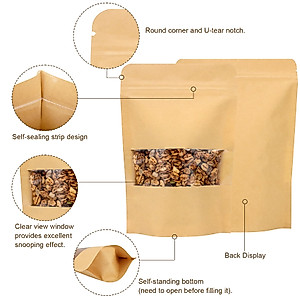 Blisstime 50 Pack Kraft Stand Up Zip Lock Pouch Bags, Resealable Bag with Transparent Window and Tear Notch for Multipurpose Storage (4 X 6 Inches)