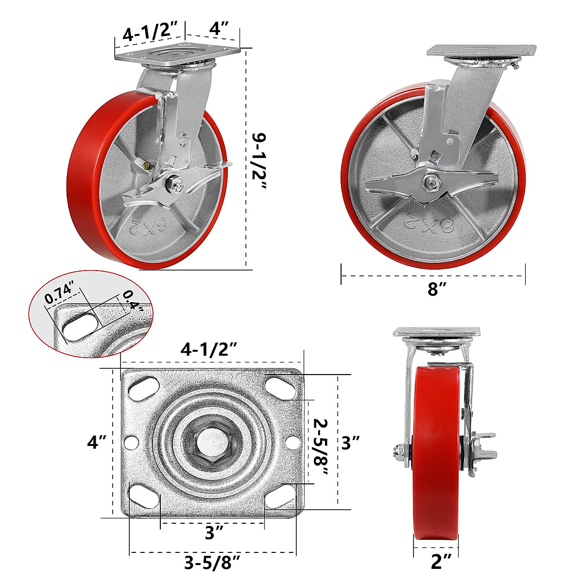 NINOSO 8"X 2" Caster, Industrial Swivel Caster with Polyurethane Wheel, 1500lbs Load Capacity Per Caster Wheels Heavy Duty for Toolbox Workbench (1Pack Brake)