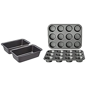 Amazon Basics Nonstick Baking Bread Loaf Pan, 9.5 x 5 Inch, Set of 2 & Nonstick Muffin Baking Pan, 12 Cups - Set of 2