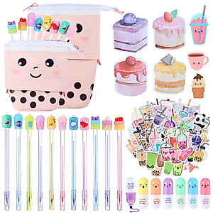 228 Pcs Kawaii Stationary Set Include Telescopic Boba Pencil Pouch Case Bag Gel Ink Pen Sticky Note Bubble Tea Sticker Pill Highlighter Stationary Cute School Supplies for Christmas Gift Kids (Vivid)