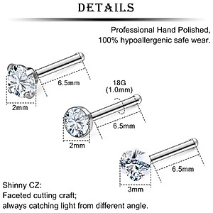 Kridzisw 18G Nose Rings Studs Piercing Jewelry for Women Stainless Surgical Steel Diamond Hypoallergenic Straight Stud Nose Nostril Ring Pin Bone Piercing Jewelry Pack Set for Women Men CZ Silver 3mm