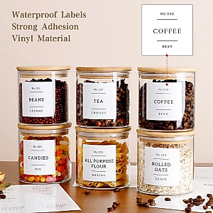 20 OZ Glass Food Storage Jars with 132 Pantry Labels Preprinted - 6 Pcs Thicken Glass Storage Containers with Airtight Bamboo Lid - Clear Kitchen Canister for Spice, Tea, Coffee, Sugar, Cookie, Candy