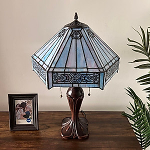 enjoy decor lamps Tiffany Table Lamp Blue Pink Stained Glass Hexagon LED Bulbs Included for Living Room Bedroom Bedside 16" W*16" D*24" H