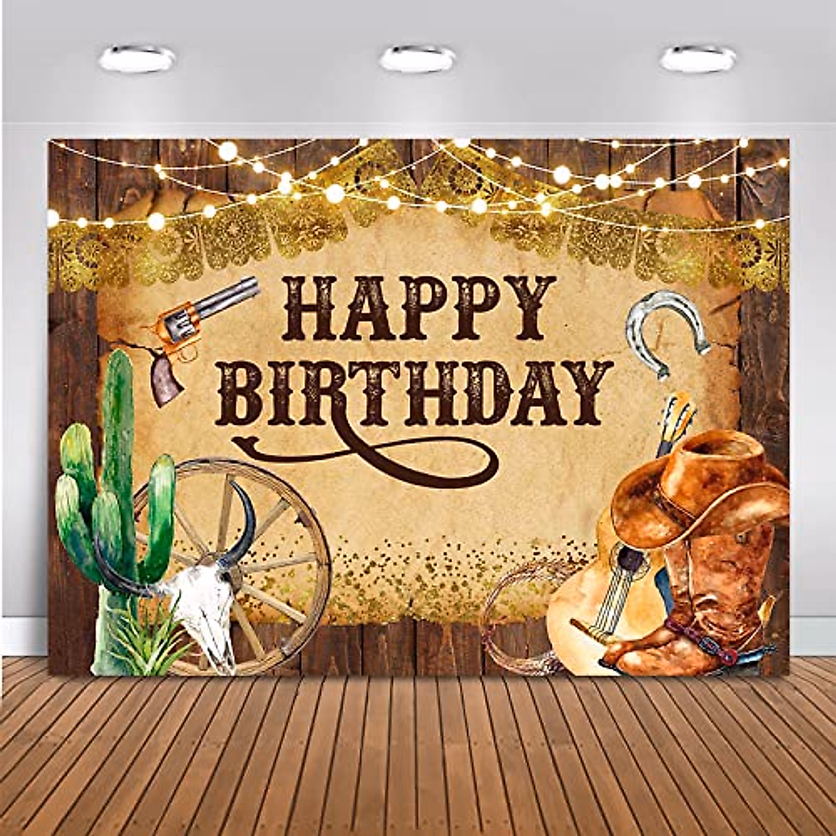 Mocsicka Western Cowboy Happy Birthday Backdrop Rustic Old West Rodeo Cowboy Background Brown Rustic Wood Kids Birthday Party Decoration Banner Cowboy Party Decorations (7x5ft (82x60 inch))