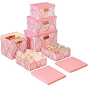 SEEKIND Storage Box, Decorative Storage Bins with Lid,6 in 1 Set,with Handles,Foldable for Space Saving Storage Boxes,for Bras，Clothes, Cosmetic,Blankets (Pink) …