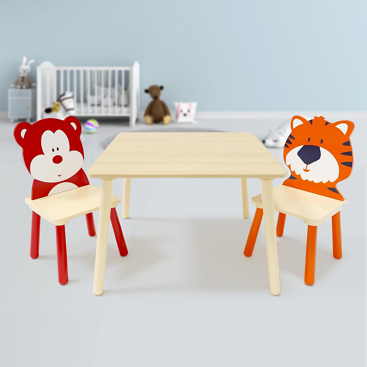 Zacis Kids Table and Chair Set, Wooden Toddler Table Set with 2 Chairs, Children Adorably Animal Activity Table for Reading, Drawing, Eating, Studying, Parent-Child Interaction Activity Play