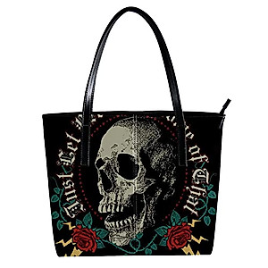 Large Leather Handbags for Women Cool Rock in Roll Skull Rose Floral Top Handle Shoulder Satchel Hobo Bag