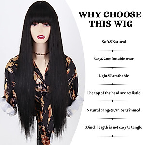 MISSQUEEN Long Black Wigs with Bangs, Straight Black Wigs for Women, Synthetic 30 Inch Long Straight Black Bangs Wig for Daily Wear