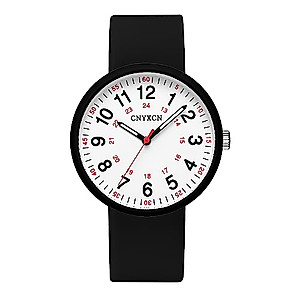 CNYXCN Waterproof Nurse Watch for Nurses,Doctors,Medical Professionals,Students,Women,Men with Easy to Read Dial,12/24 Hour Display,Black Silicone Band.