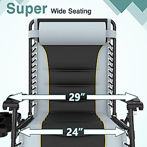 Slendor Oversized Padded Zero Gravity Chair, 29Inch XL Reclining Camping Lounge Chair with Large Cup Holder & Footrest, Reclining Patio Chairs Folding Recliner for Outdoor Indoor, Gray