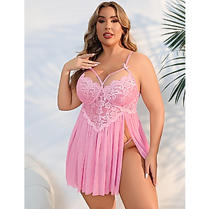 Avidlove Plus Lingerie Lace Babydoll Strap Chemise Nightgown V Neck Nightwear Sexy Sleepwear Sheer Mesh Nighty Pink 3X-Large