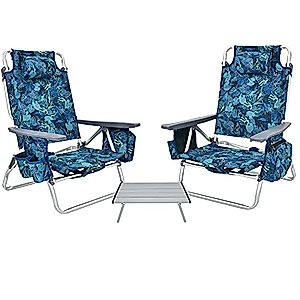 GYMAX Beach Chairs, 2Pcs Backpack Beach Chairs with Table, Tanning Lounge Chair with Armrest, Cooler Bag, Cup Holder, Towel Bar & Side Pockets, Folding Lounger Layout Chairs (Blue Leaves, with Table)