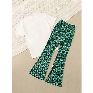 SOLY HUX Girl's Two Piece Outfits Summer Tops Short Sleeve T-Shirt Figure Graphic Tee and Pants Bell Bottom Flared Pants Set White and Green 11 Years