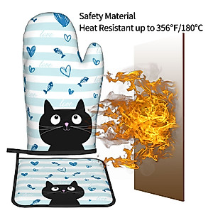 Cat Oven Mitts and Pot Holder, Cat Heat Resistant Gloves Hot Pads for Kitchen Cooking Baking Grilling Barbecue Cotton Oven Mitts