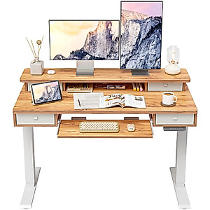 FEZIBO Height Adjustable Electric Standing Desk with 4 Drawers and Keyboard Tray, 48 x 24 Inch Table with Storage Shelf, Sit Stand Desk with Splice Board, LightRustic Brown