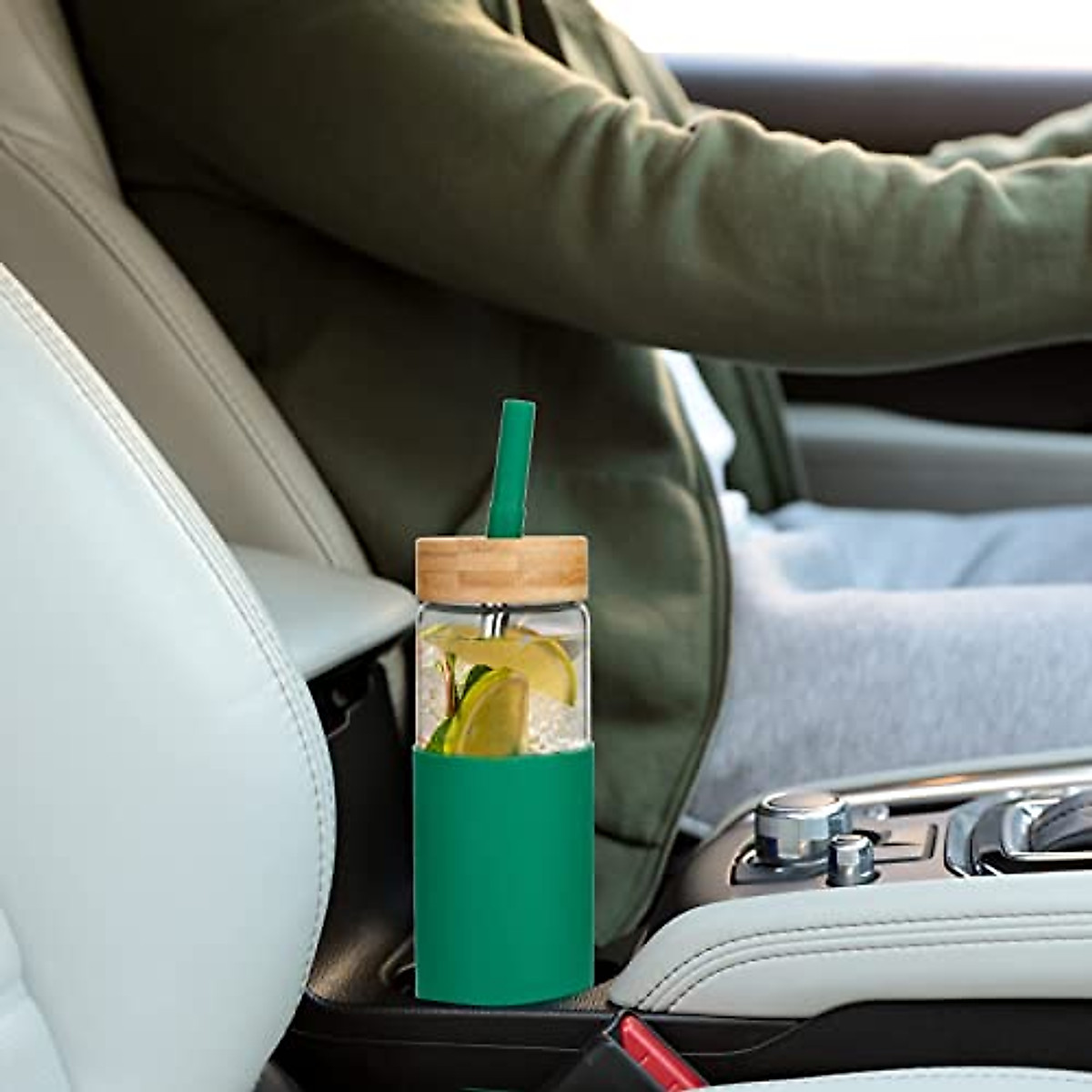 Tronco 20oz Glass Water Bottle with Bamboo Lid, Reusable Glass Water Tumbler with Straw and Silicone Sleeve, Glass Boba Cup,Leak Proof, BPA Free,Dishwasher Safe