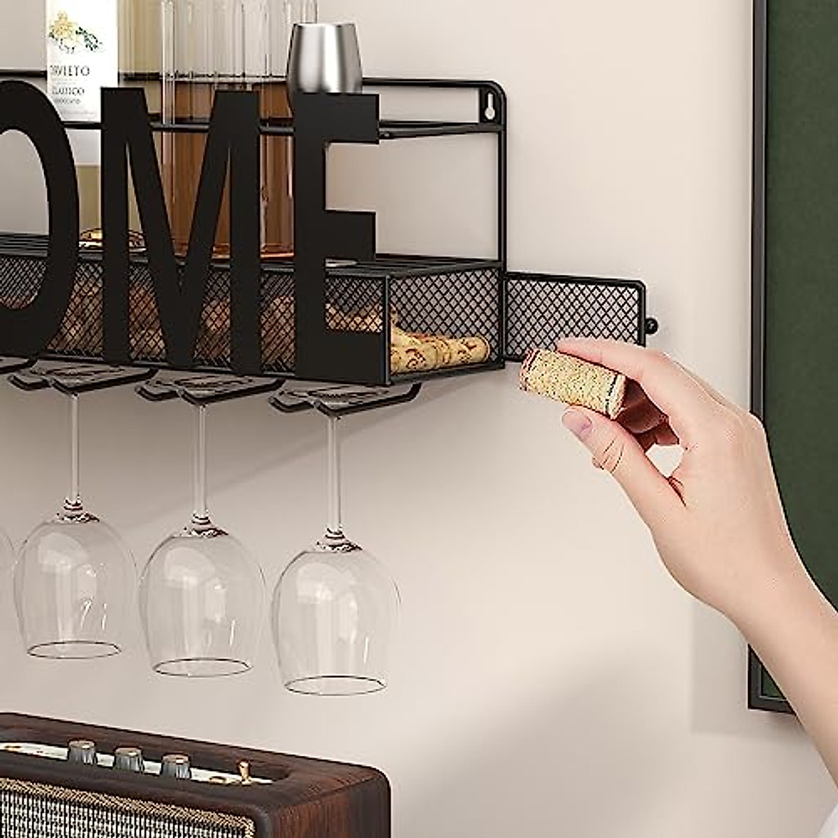 SODUKU Wall Mounted Metal Wine Rack 4 Long Stem Glass Holder & Wine Cork Storage Home