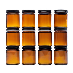 North Mountain Supply 9 Ounce Amber Glass Straight Sided Mason Canning Jars - with 70mm Black Metal Lids - Case of 12