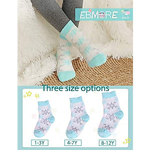 EBMORE Girls Kids Toddler Fuzzy Non Slip Grips Slipper Socks Gift Crew Cabin Cozy Fluffy Hospital Cute Warm Winter Socks for Boys Child Christmas Stocking Stuffers 6 Pairs（Snowflake，8-12 Y）