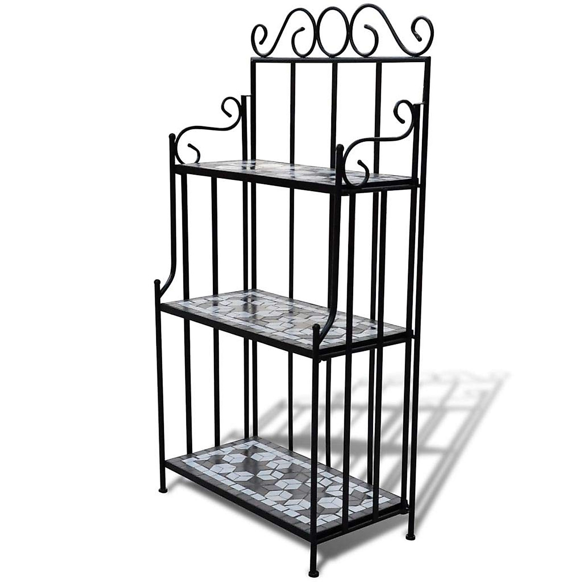 Mogou Plant Stand Display Black White Mosaic Table, Patio Table Decor, Mosaic Table Outdoor, Mosaic Plant Stand Pattern