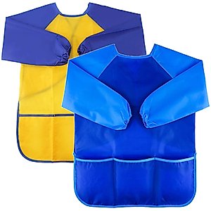 URSKYTOUS 2 Pack Kids Art Smocks Children Painting Aprons Long Sleeve Kids Smock with 3 Pockets Toddler Smocks Gifts for Art Craft, Cooking, Baking, Feeding, Age 3-7 Years, Blue and Yellow