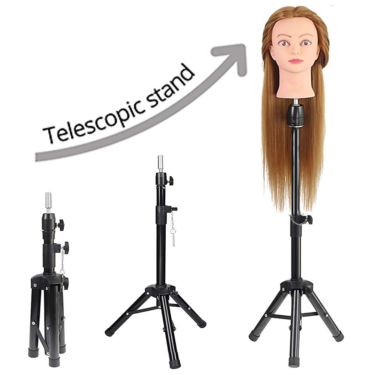 Wig Stand Tripod Mannequin Head Stand Metal Adjustable Heavy Duty Wig Head Stand for Canvas Block Head Cosmetology Hairdressing Training Doll Head and Styling Making Wigs with Smartphone Clamp Mount