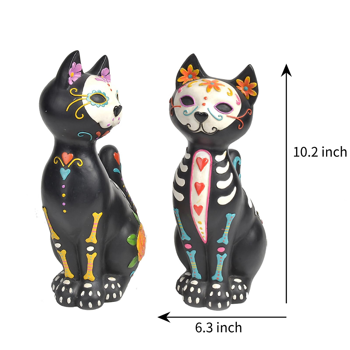 Newman House Studio Sugar-Skull Halloween-Decorations - Day-of Dead-Figurines Floral Cats Couple-Decor Dia de Los Muertos Black Kitten Collectibles Set of 2, 6.3L x 4.0W x 10.2H inch